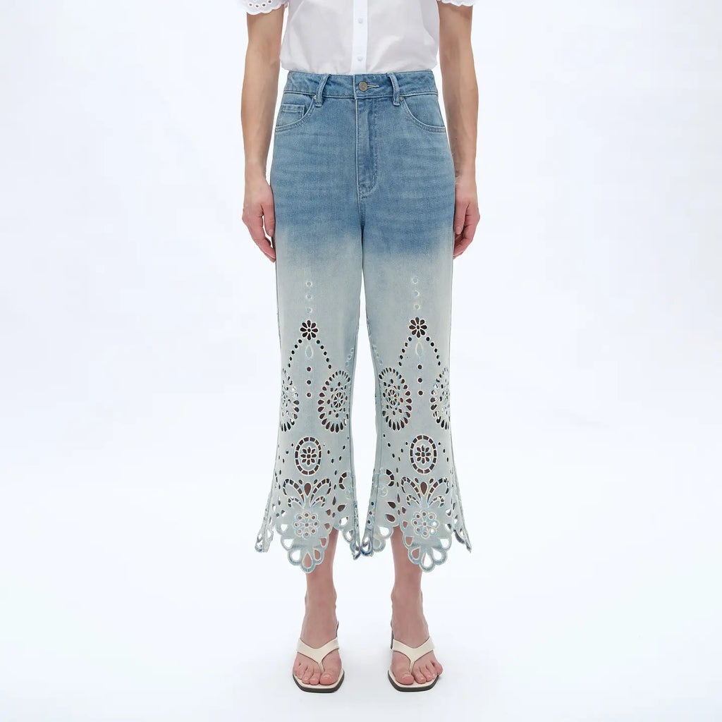 Light Wash Denim Culottes with Scalloped Laser Cut Hem – Amanda Jean NYC